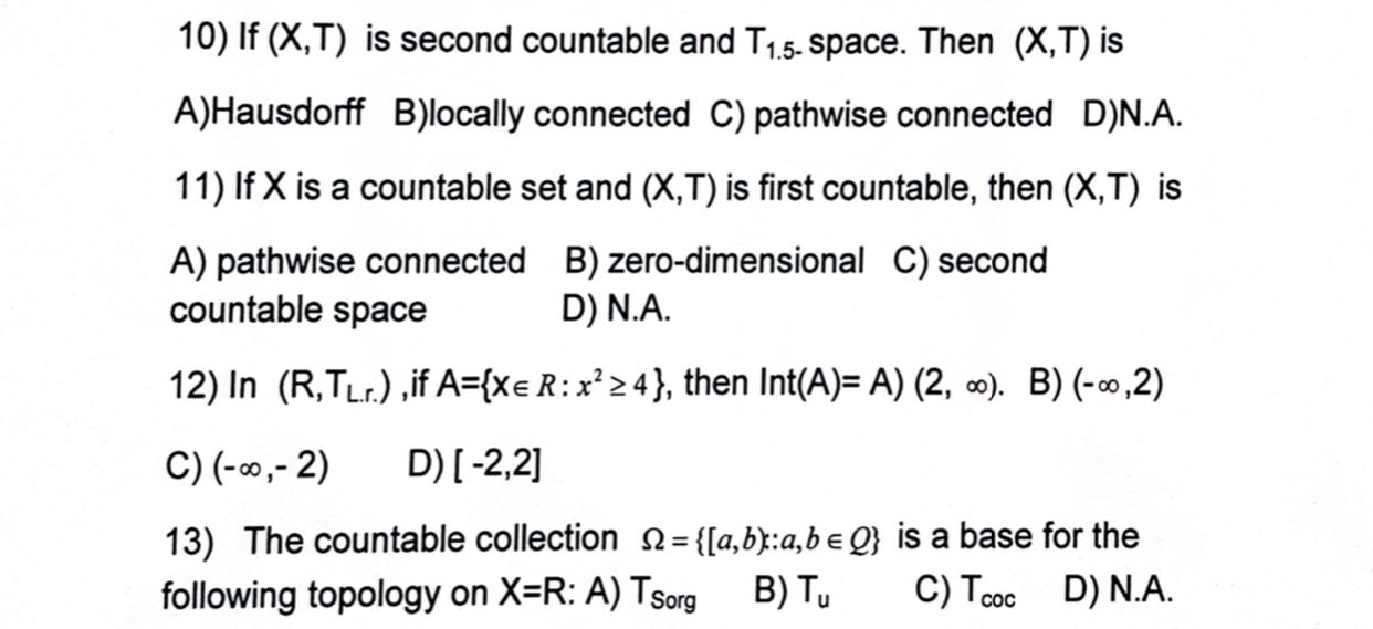 Solved 10) If (X,T) is second countable and T1.5− space. | Chegg.com