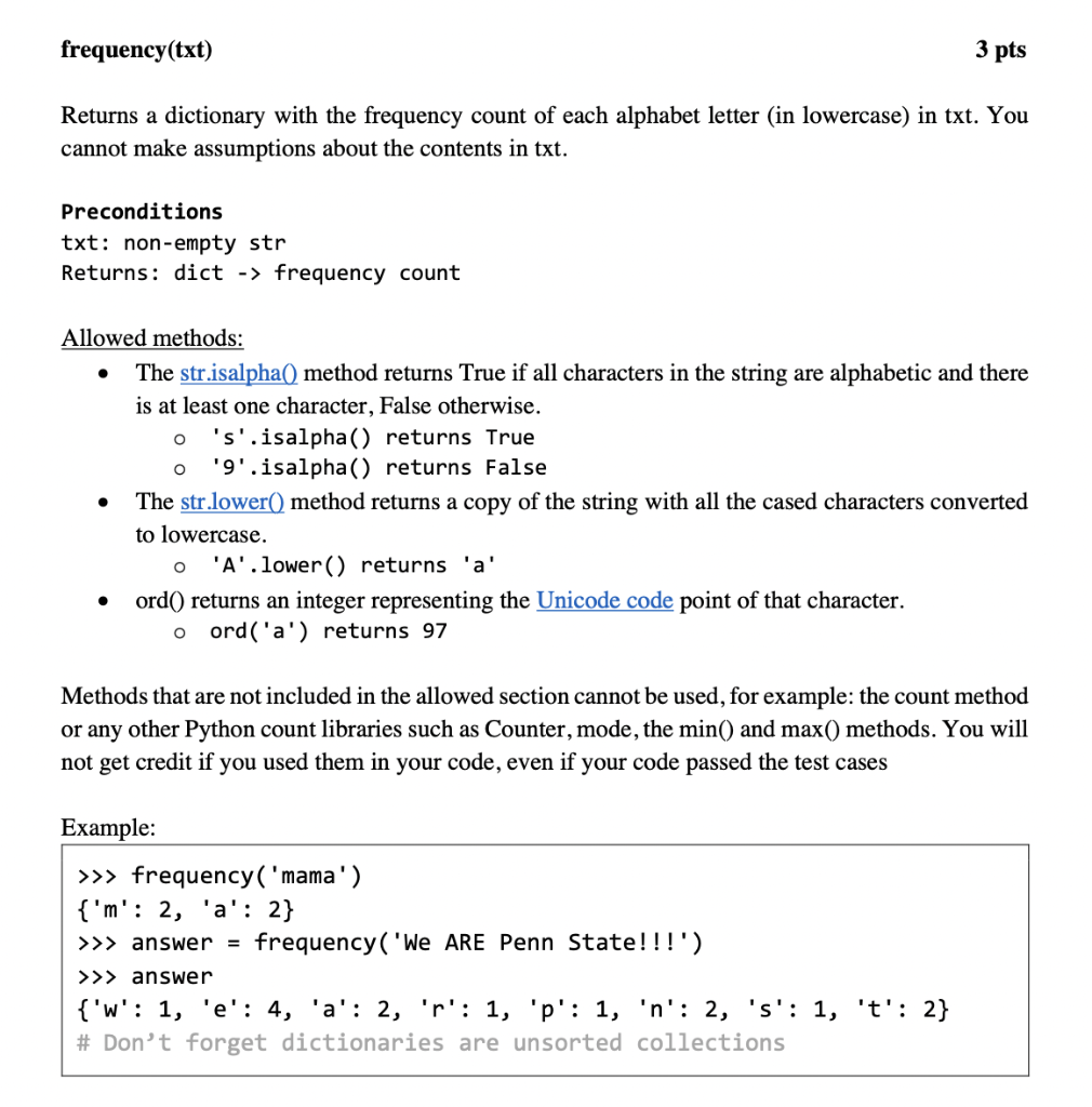 Solved frequency(txt) Returns a dictionary with the | Chegg.com