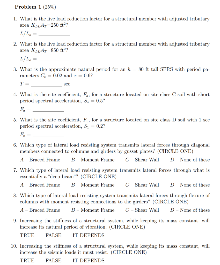Solved Problem 1 (25%) 1. What is the live load reduction | Chegg.com