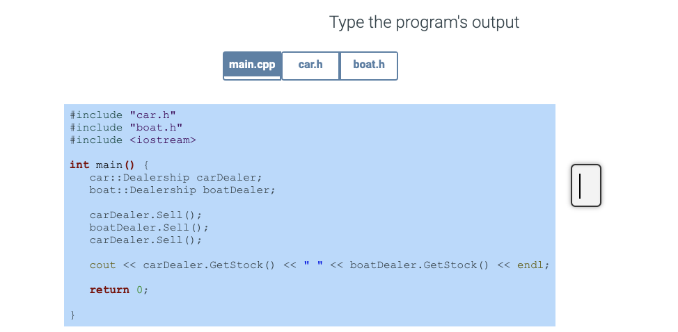 Solved Type the program's output main.cpp car.h boat.h | Chegg.com