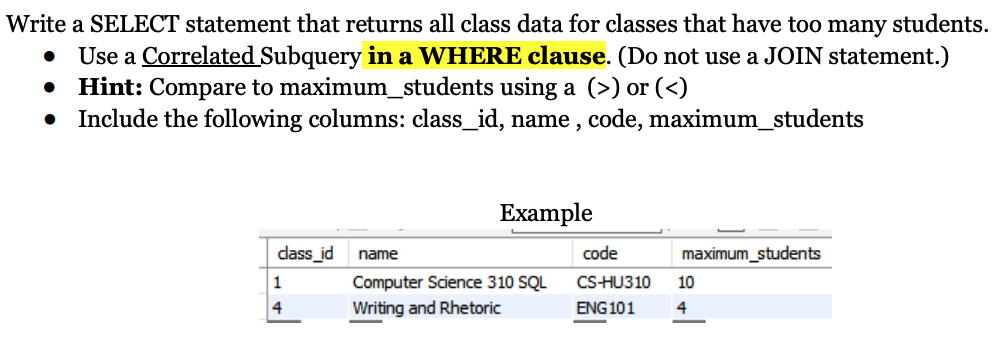 Solved Write a SELECT statement that returns all class data | Chegg.com