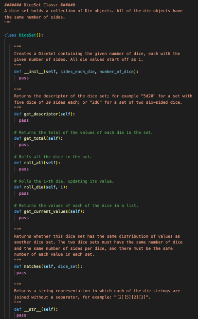 Solved ii. Complete the DiceSet class: Next, make a class | Chegg.com