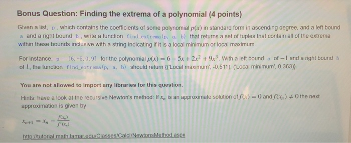 Solved Bonus Question: Finding the extrema of a polynomial | Chegg.com