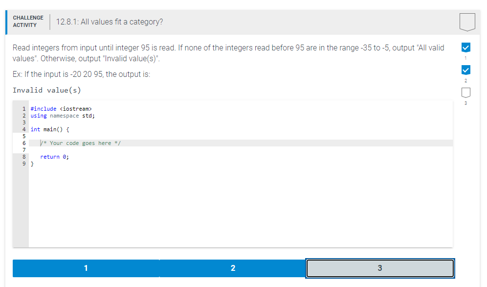 Solved CHALLENGE ACTIVITY 12.8.1: All values fit a category? | Chegg.com