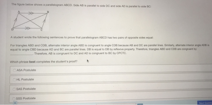 Solved shows a parallelogram ABCD. Side AB is parallel to | Chegg.com