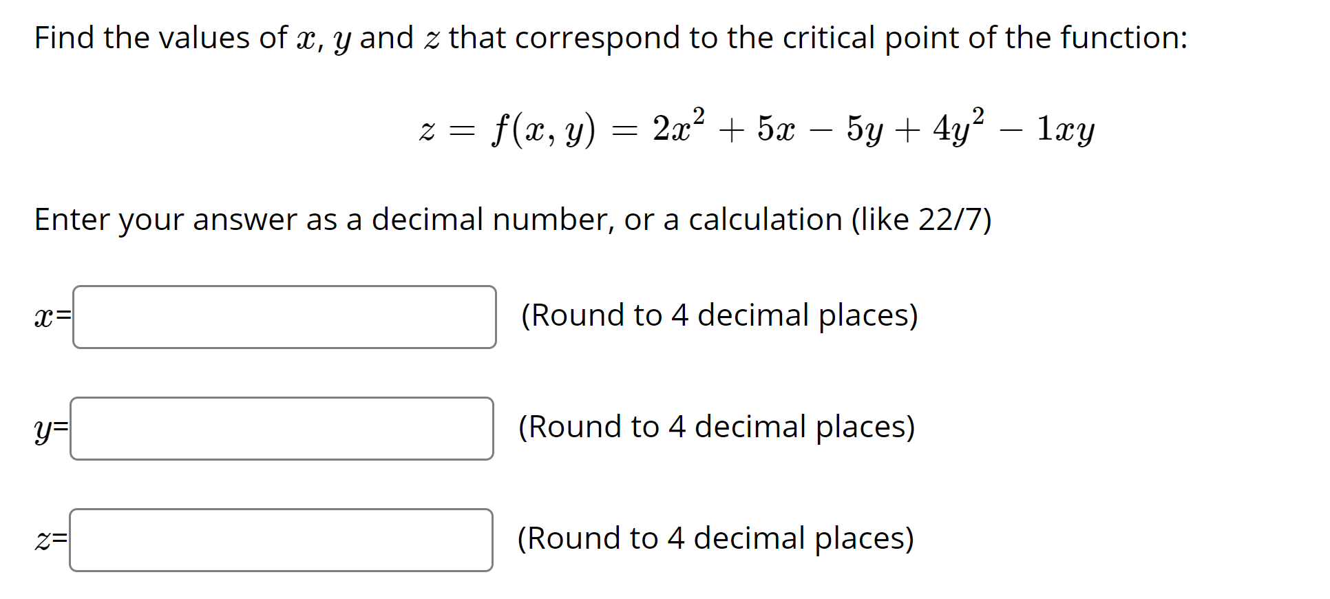 Solved Find the values of x, y and z that correspond to the | Chegg.com