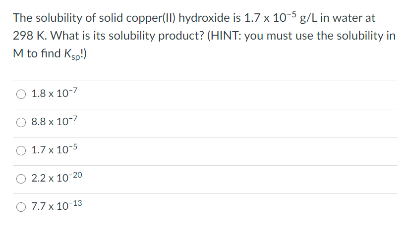Solved The solubility of solid copper(II) hydroxide is 1.7 x | Chegg.com