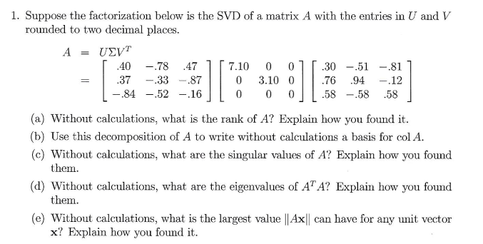 Solved 1 Suppose The Factorization Below Is The Svd Of A 0352