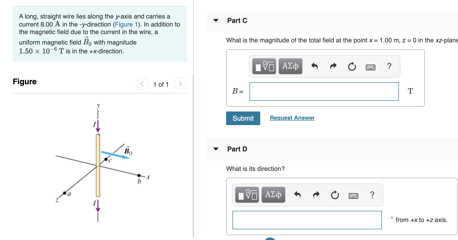 Solved Part A A long, straight wire lies along the y-axis | Chegg.com