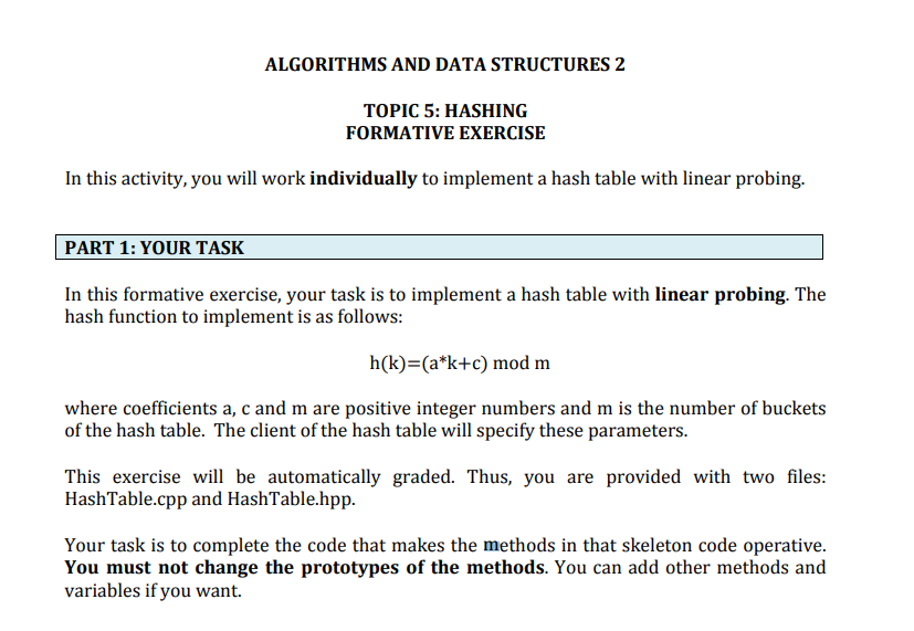 Solved ALGORITHMS AND DATA STRUCTURES 2 TOPIC 5: HASHING | Chegg.com