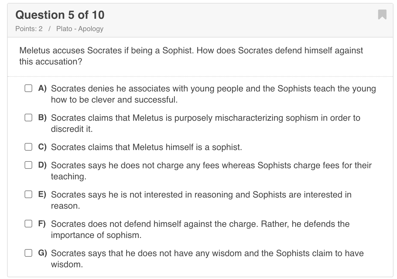 Solved Question 5 of 10 Points: 2 / Plato - Apology Meletus | Chegg.com