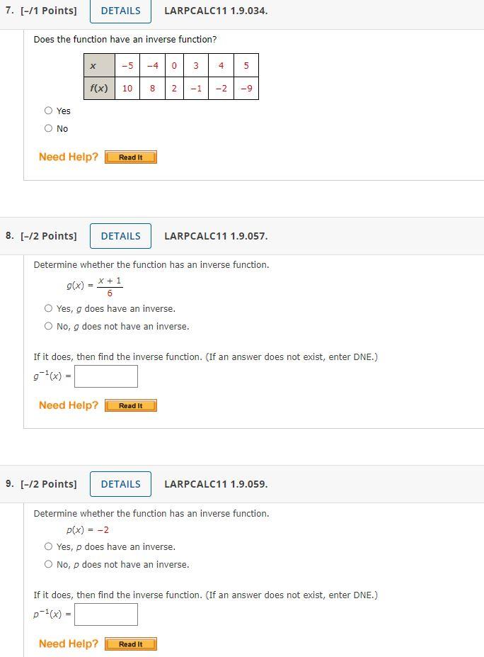 Solved Does the function have an inverse function? Yes No | Chegg.com