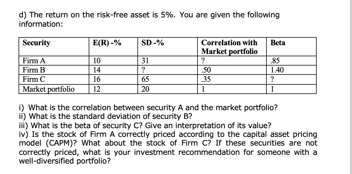 Solved d) ﻿The return on the risk-free asset is 5%. ﻿You are | Chegg.com