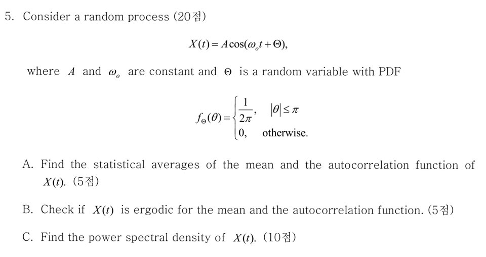 Solved Consider a random process (20점)x(t)=Acos(ωot+Θ)where | Chegg.com