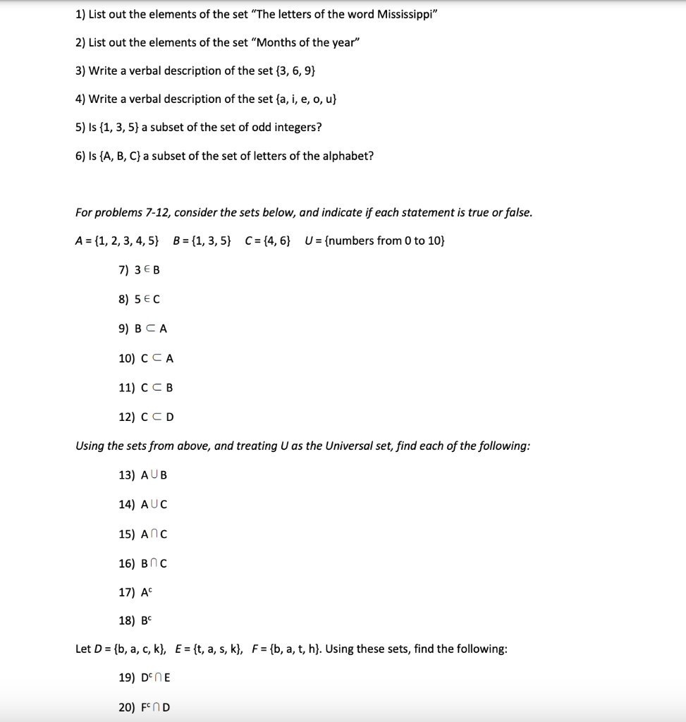 Solved 1) List out the elements of the set "The letters of | Chegg.com