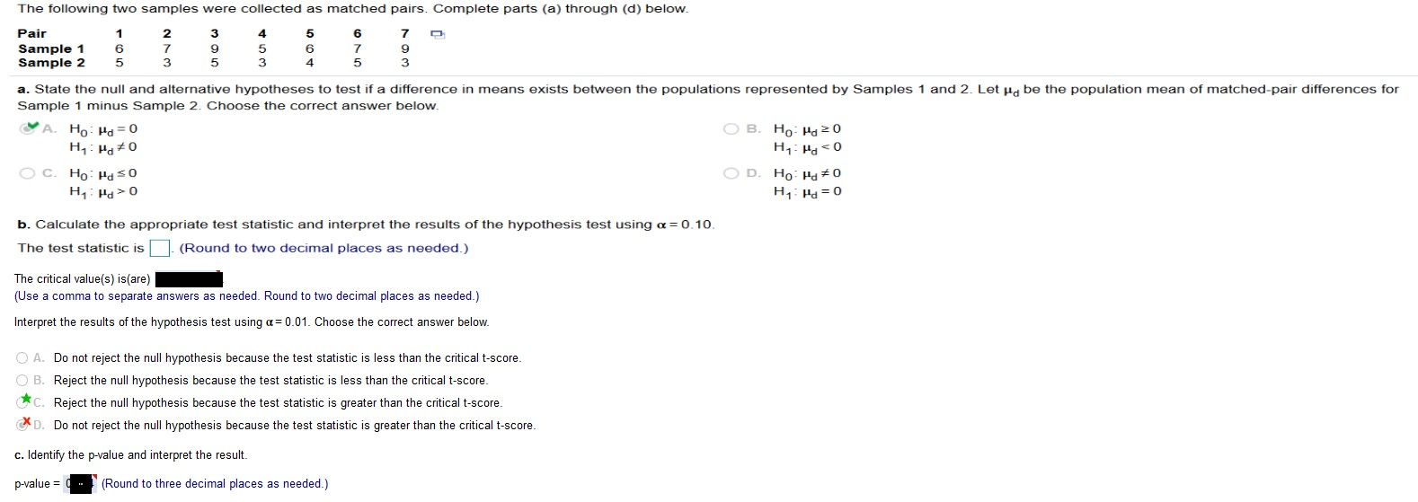 Solved The following two samples were collected as matched | Chegg.com