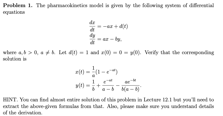 Solved Problem 1. The pharmacokinetics model is given by the | Chegg.com