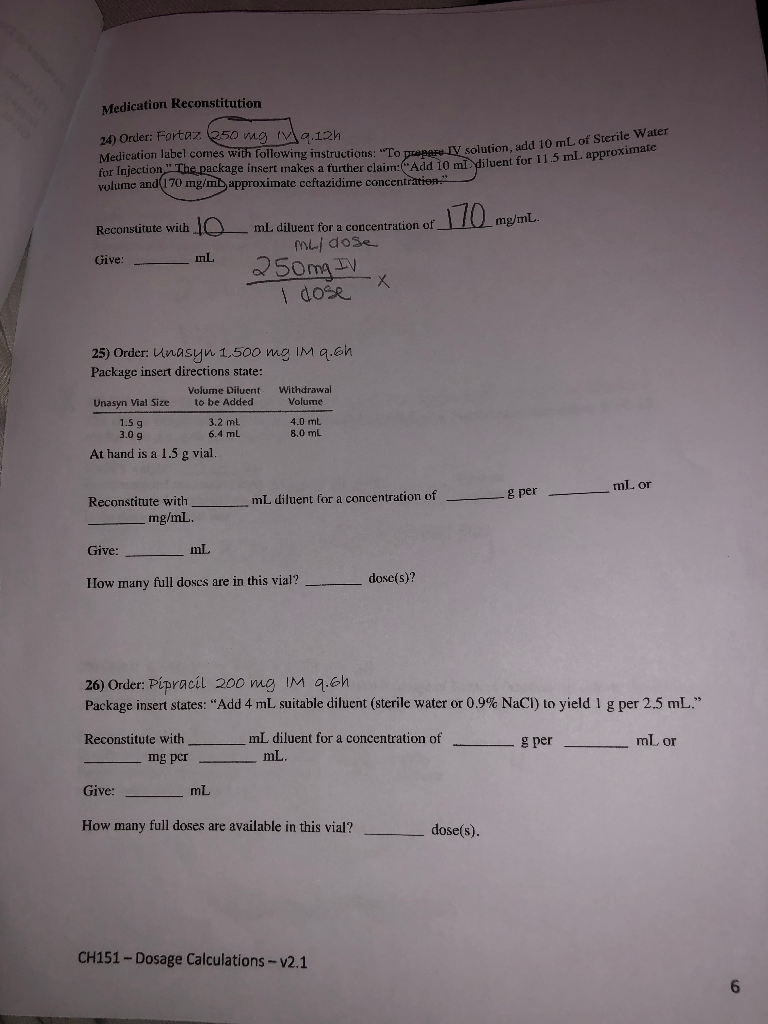 Solved Medication Reconstitution 24) Order: Fortaz leso mg | Chegg.com