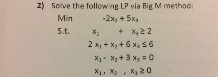 Solved Solve the following LP via Big M method: -2x2 + 5x3 | Chegg.com