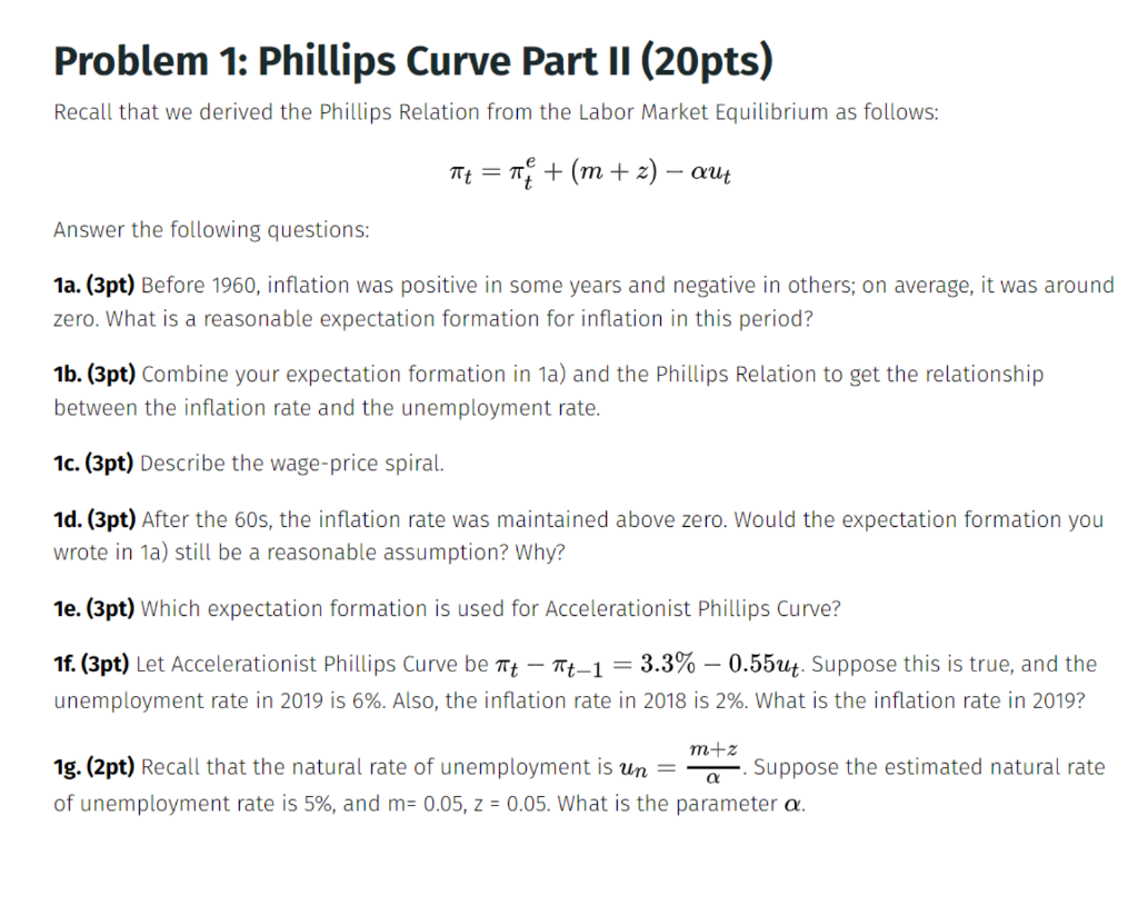 Solved Problem 1: Phillips Curve Part 11 (20pts) Recall that | Chegg.com