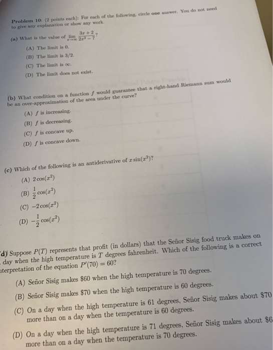 Solved Problem 10: (2 points each): For each of the | Chegg.com