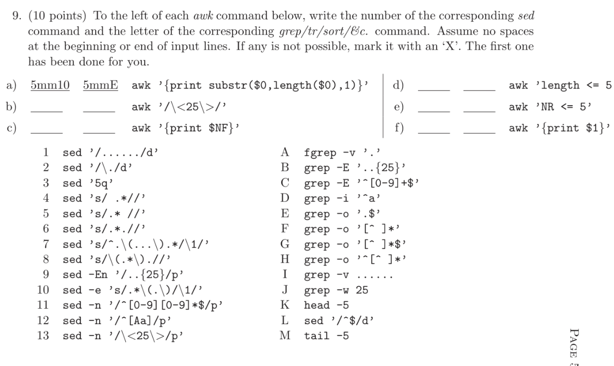 Solved 9. (10 points) To the left of each awk command below, | Chegg.com