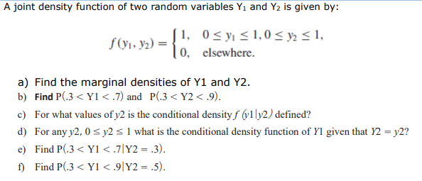 Solved A joint density function of two random variables Y1 | Chegg.com