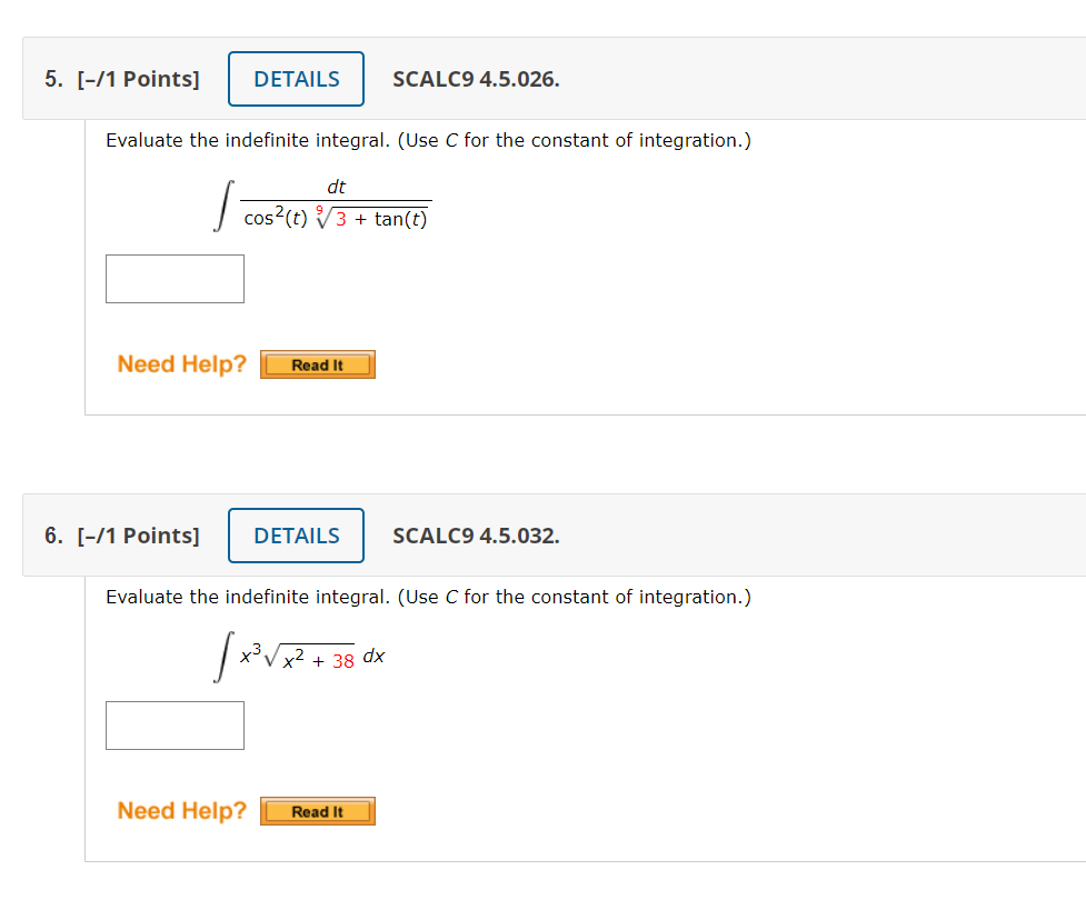 Solved 5. [-/1 Points] DETAILS SCALC9 4.5.026. Evaluate the | Chegg.com