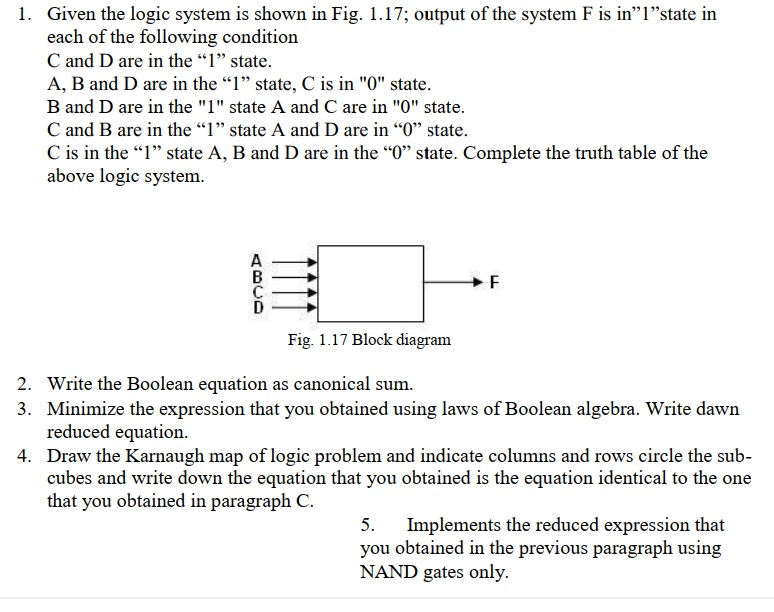 Solved 1. Given the logic system is shown in Fig. 1.17; | Chegg.com