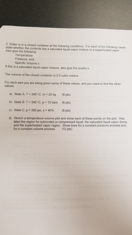 Solved 2. Water is in a closed container at the following | Chegg.com