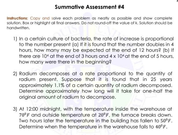 Solved Summative Assessment #4 Instructions: Copy and solve | Chegg.com
