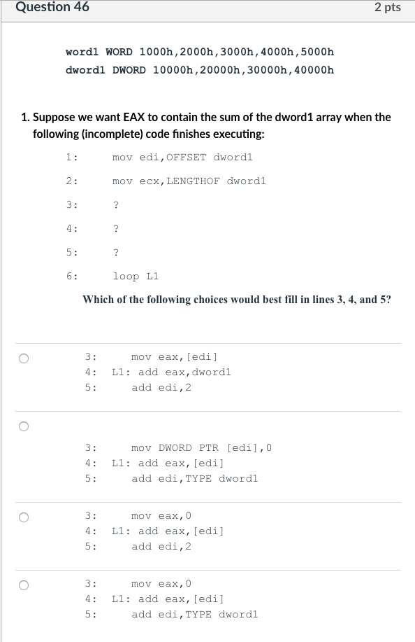 Solved Question 46 2 pts wordl WORD 1000h,2000h,3000h, | Chegg.com