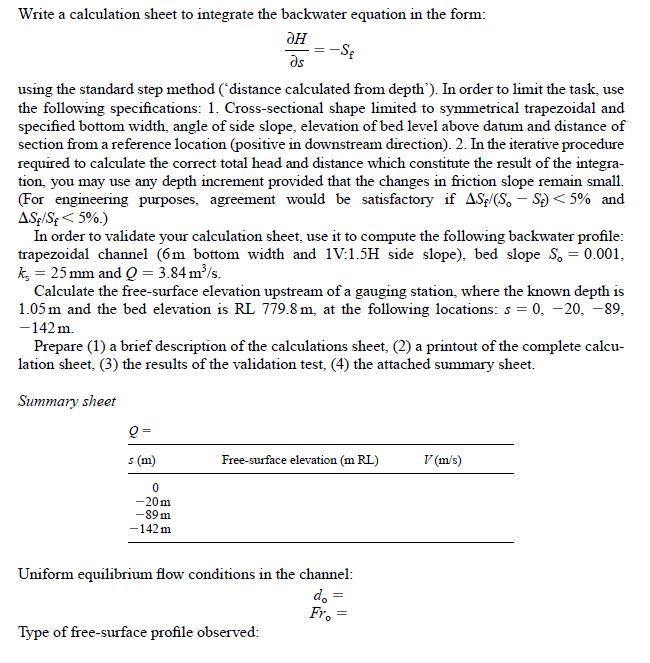 Write a calculation sheet to integrate the backwater | Chegg.com