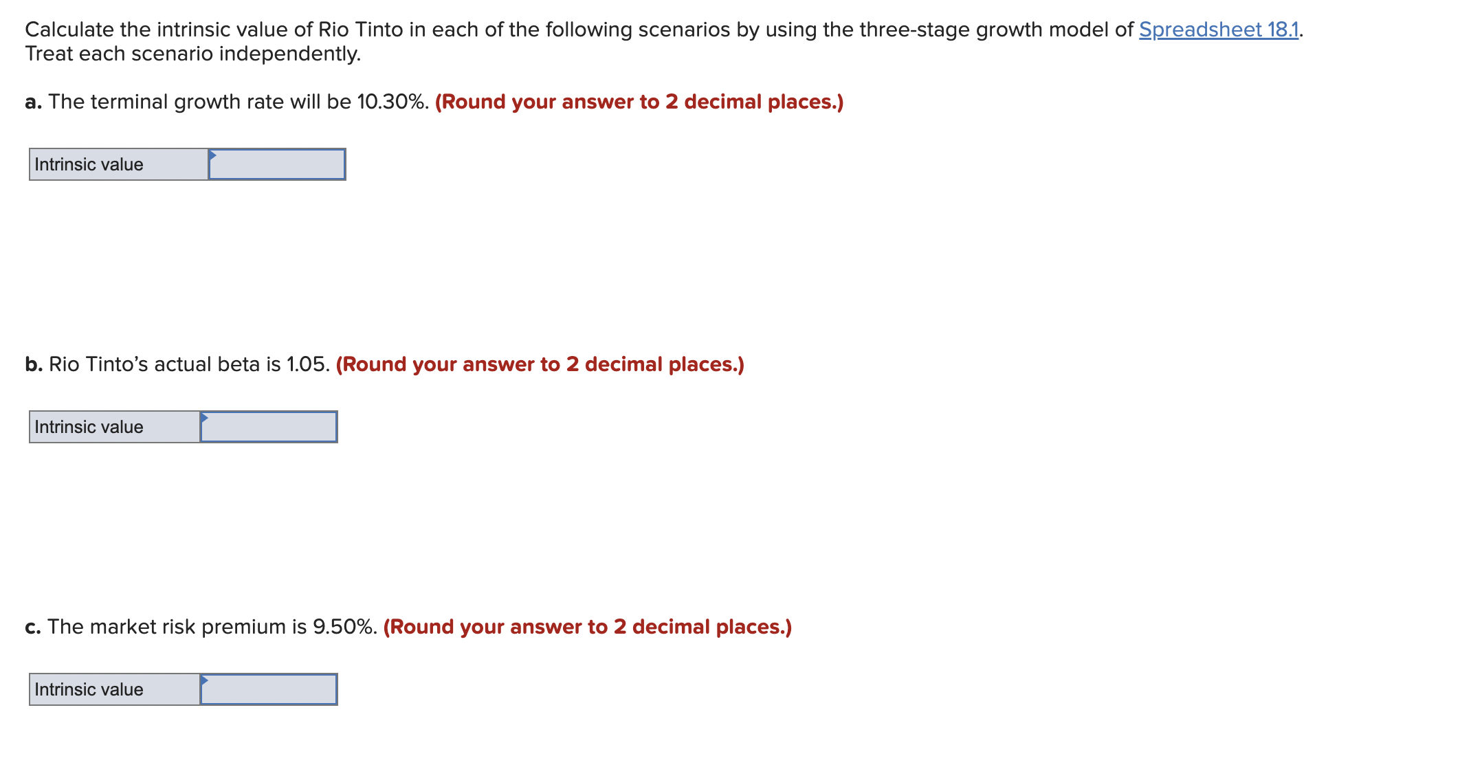 Solved Calculate the intrinsic value of Rio Tinto in each of | Chegg.com