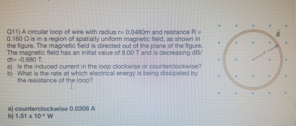 Solved Q11) A circular loop of wire with radius r= 0.0480m | Chegg.com