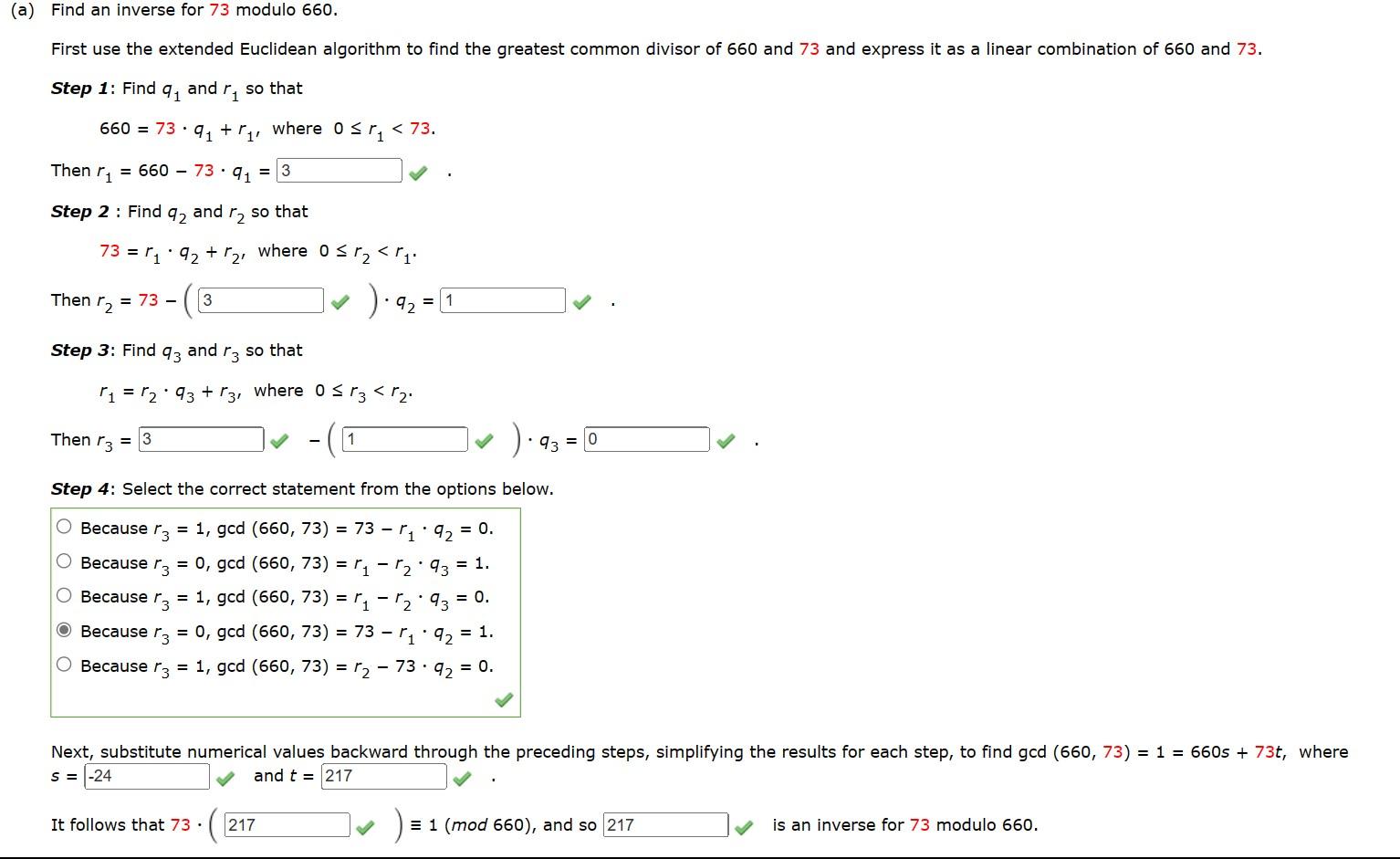 Solved Find an inverse for 73 modulo 660 . First use the | Chegg.com