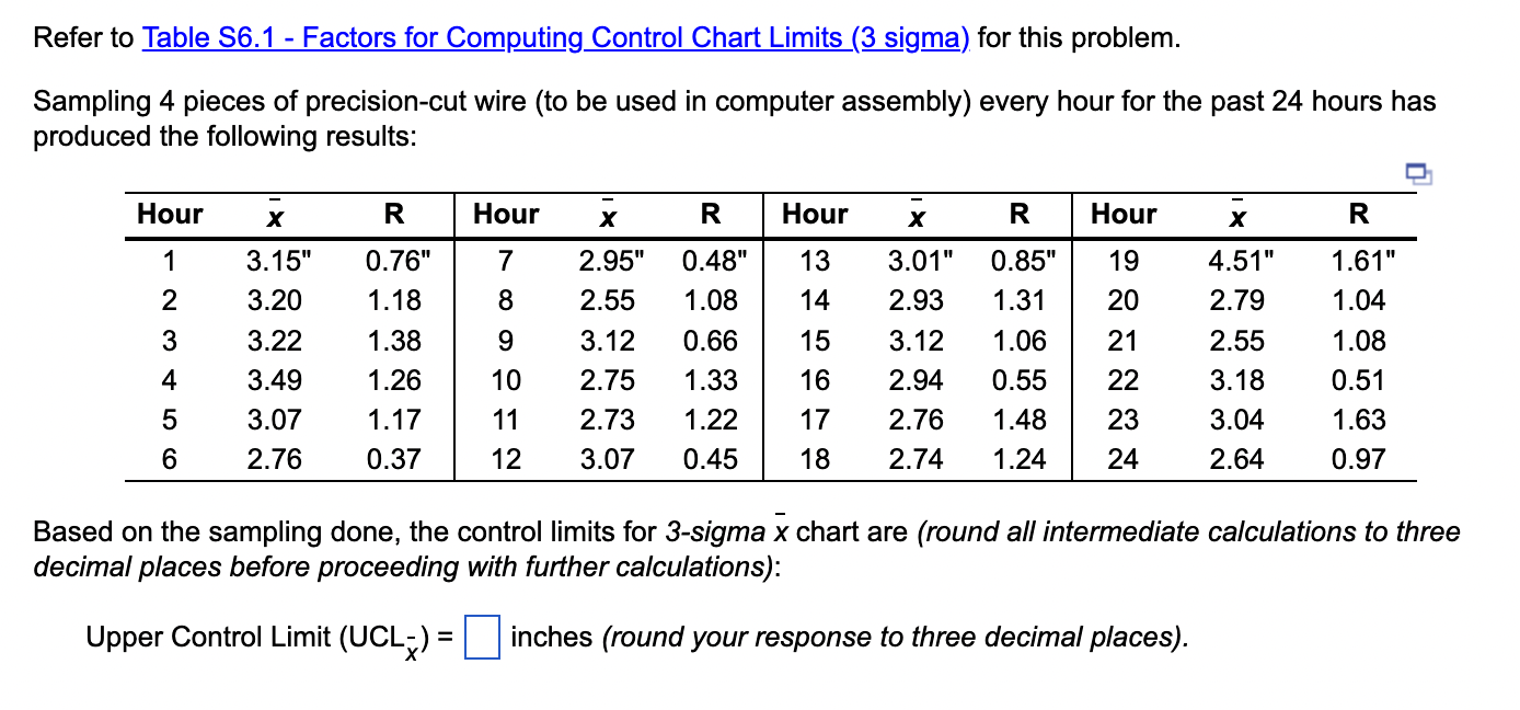 Solved Refer to Table S6.1 - Factors for Computing Control | Chegg.com