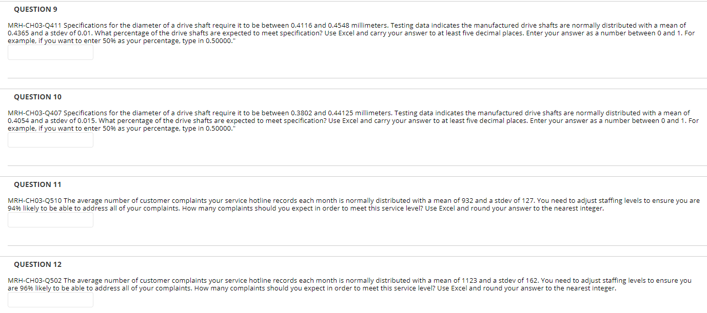 Solved QUESTION 9 MRH-CHO3-0411 Specifications for the | Chegg.com