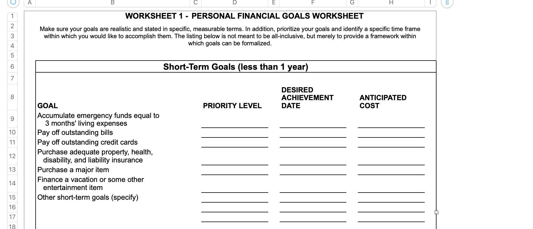 Solved WORKSHEET 1 - ﻿PERSONAL FINANCIAL GOALS WORKSHEETMake | Chegg.com