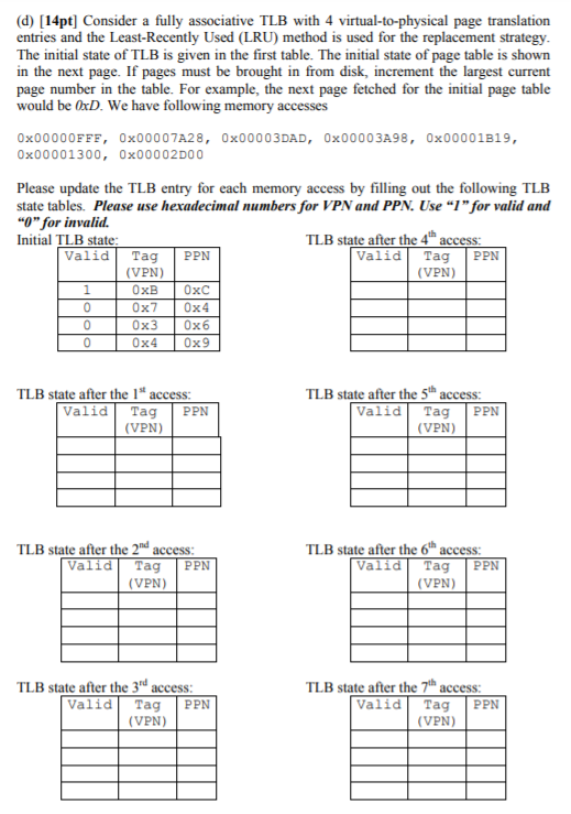 (d) [14pt] Consider a fully associative TLB with 4 | Chegg.com