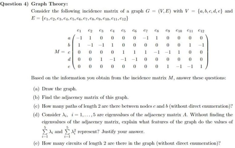 Solved 4) Graph Theory: Consider the following incidence | Chegg.com