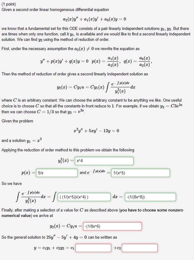 Solved (1 ﻿point)Given a second order linear homogeneous | Chegg.com