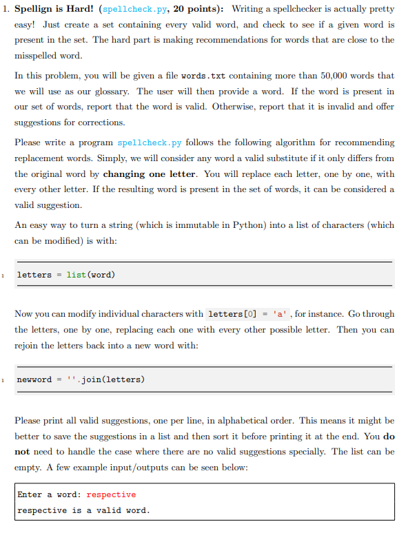Solved 1. Spellign is Hard! (spellcheck.py, 20 points): | Chegg.com