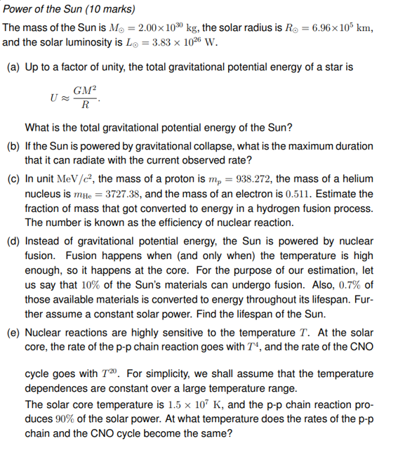 Power of the Sun (10 marks) The mass of the Sun is | Chegg.com