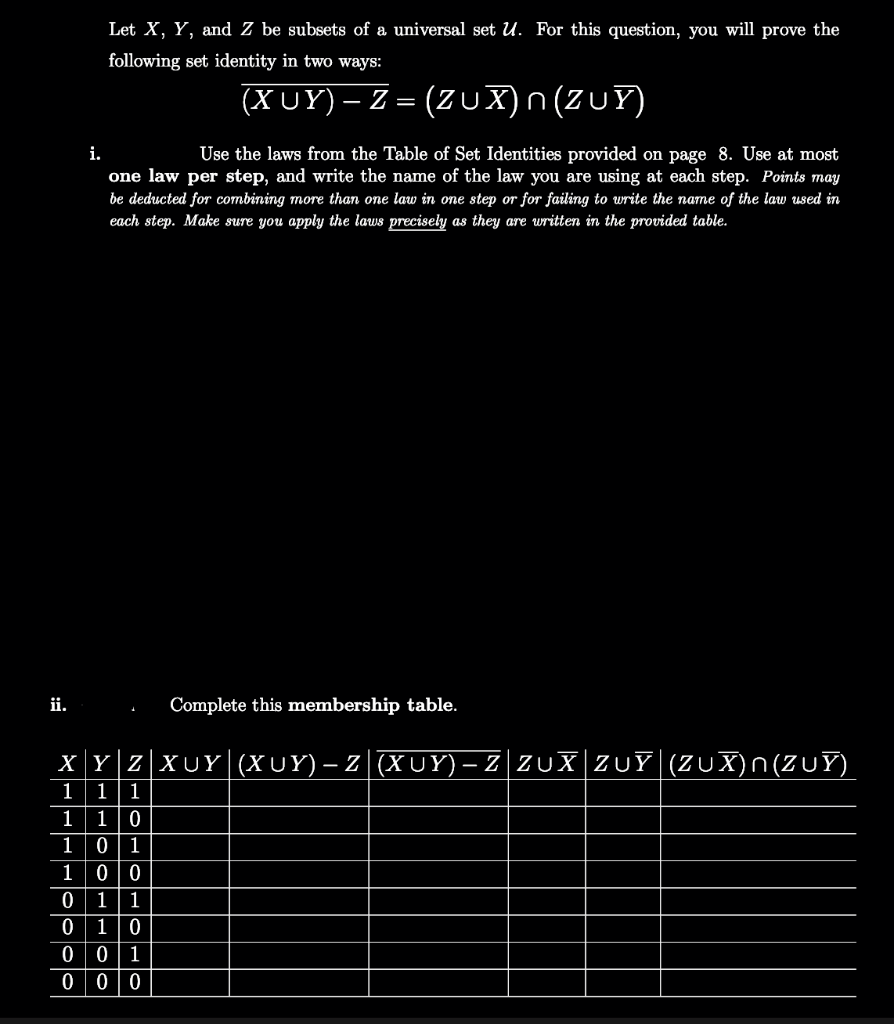 Solved Let X, Y, and Z be subsets of a universal set U. For | Chegg.com