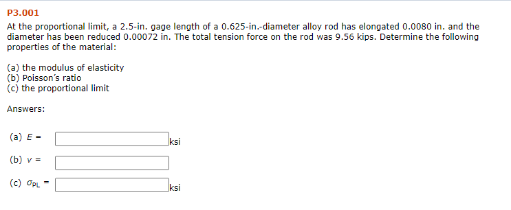 Solved P3.001 At the proportional limit, a 2.5-in. gage | Chegg.com