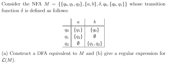Solved Consider the NFA M = {{90,91,92}, {a,b}, 8, 90, | Chegg.com