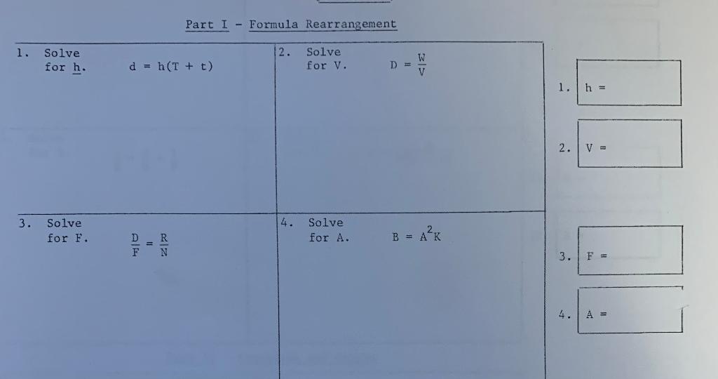 Solved Part I - Formula Rearrangement 1. 2. Solve for h. | Chegg.com