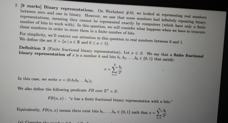 Solved 2. (9 marks) Binary representations. On Worksheet | Chegg.com