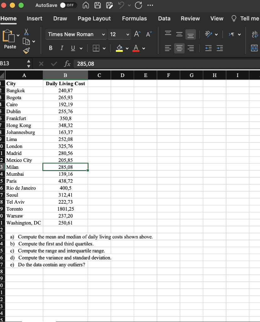 Solved AutoSave OFF C Home Insert Draw Page Layout Formulas | Chegg.com